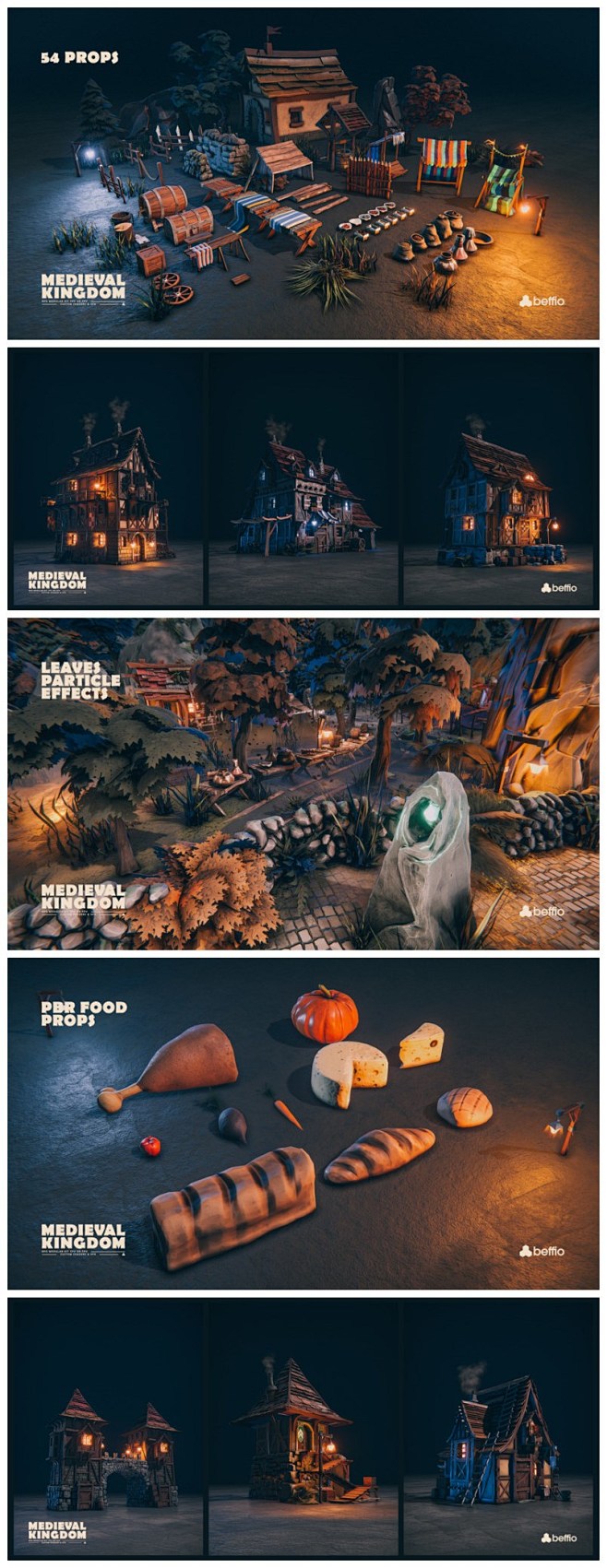 Unity3d场景 中世纪王国3D模型 卡通Q版城镇建筑植物山石花草树木道具物件3D模型 FBX模型 CG原画参考设定