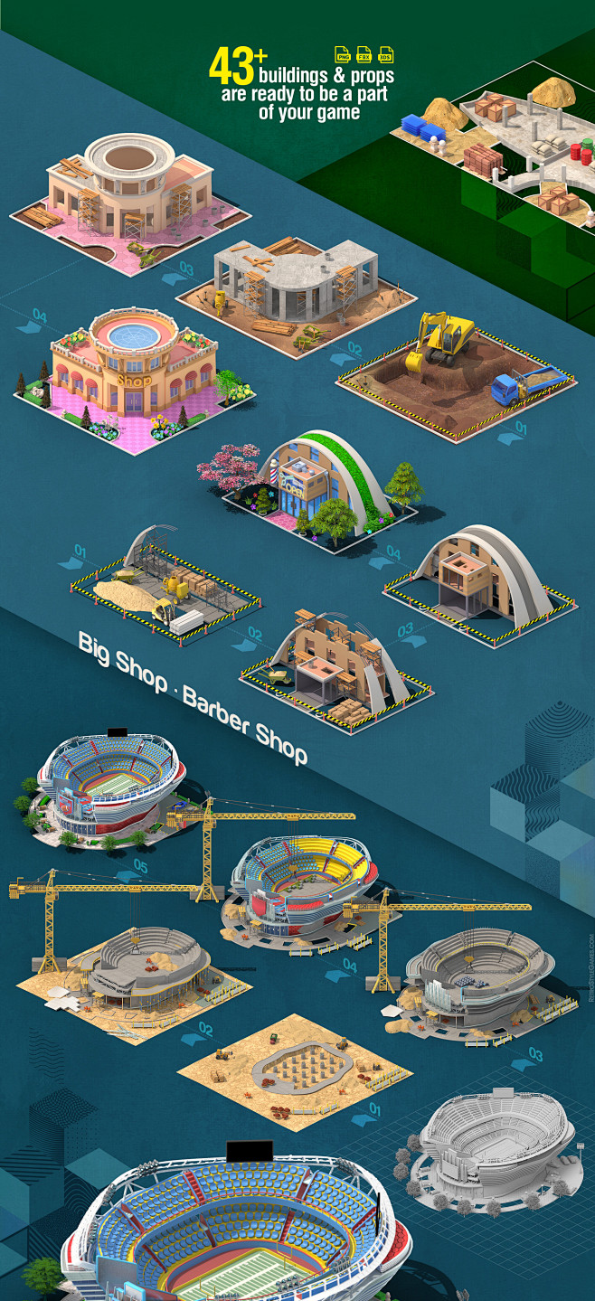 Megapolis Buildings – 用于城市模拟的等距 3D 精灵