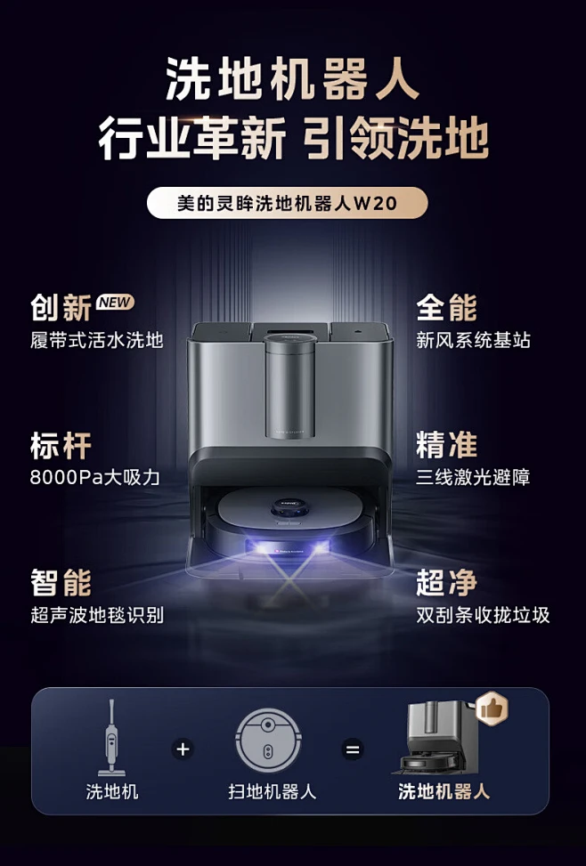 【美的R23H01A(W20)】美的（Midea）扫地机器人扫拖一体 灵眸W20洗地机器人 履带式活水洗地自动集尘扫拖洗烘一体机洗地机拖地机 ...