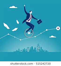 Balance. Manager balancing on unicycle trying to drive through business ...