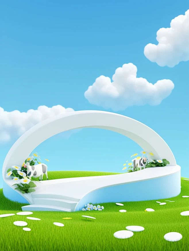 Stage design, close-up s-shaped curve with grass on both sides, cows ...