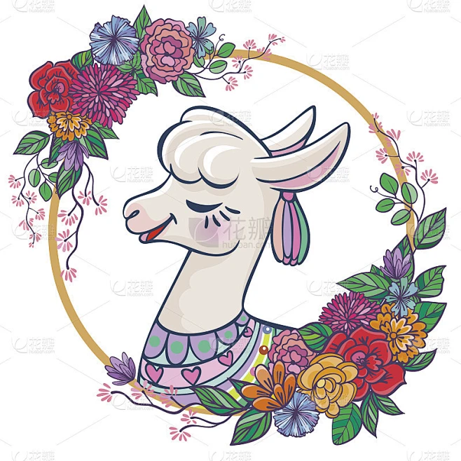Beautiful llama, alpaca portrait with flowers fram素材-花瓣网
