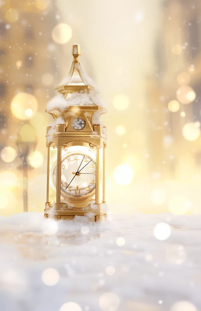 a mini clock tower in the snow with gold ribbons, in the style of bokeh ...