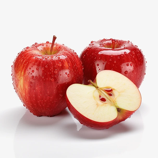 Apple, three, exquisitely composed, one is cut, white background, white ...