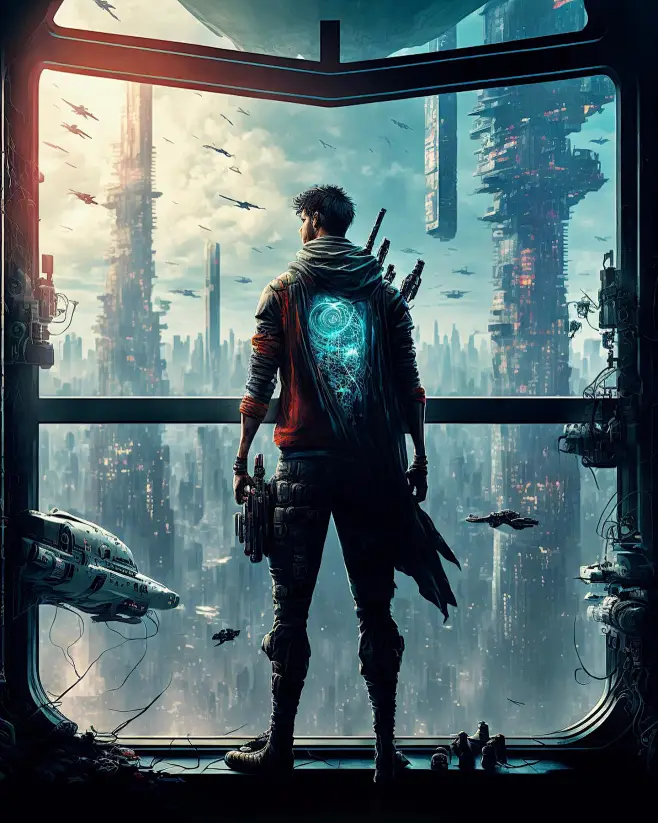 Cyborg cyberpunk mercenary, looking out window over cyberpunk city. # ...