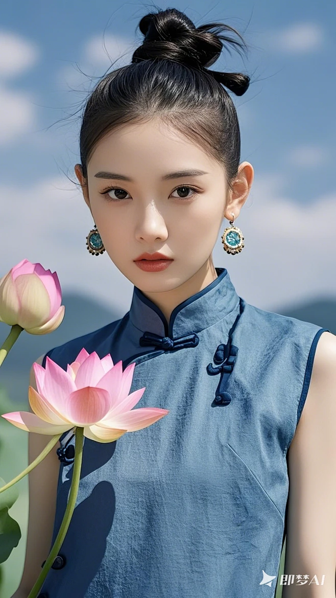 1girl, artist name, black eyes, black hair, blue background, blue dress, blue eyes, blue sky ...