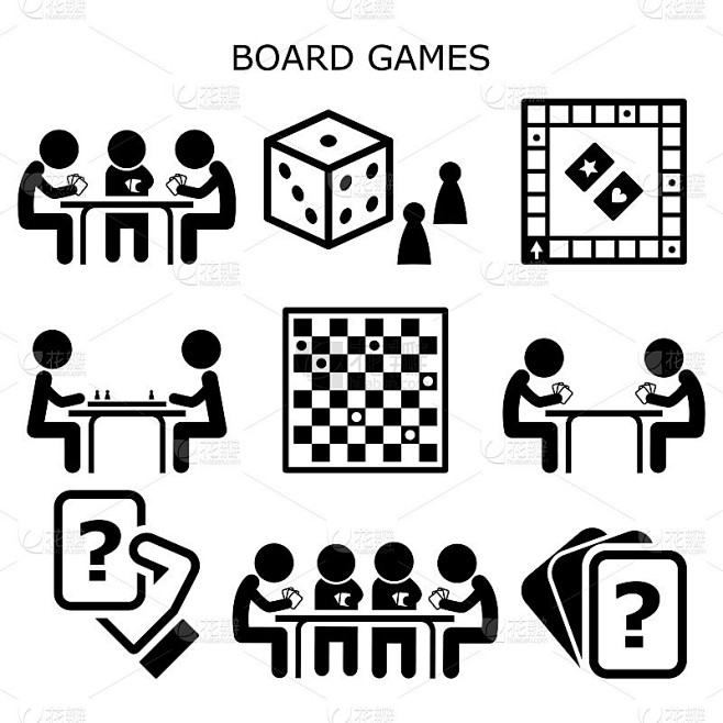 棋类游戏，人们在纸牌和国际象棋或在桌子上的矢量图标设置，有趣的活动，而呆在家里与朋友和家人素材-花瓣网