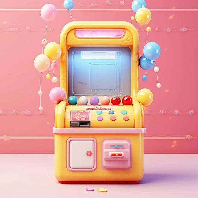 front view, arcade machine with neon lights and balloons on a colorful ...