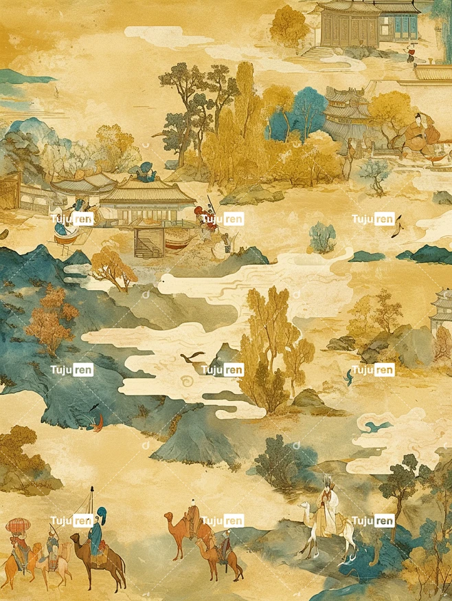 敦煌壁画中的风景画似乎被赋予了生命，涉及骆驼、商队和建筑，在-花瓣网
