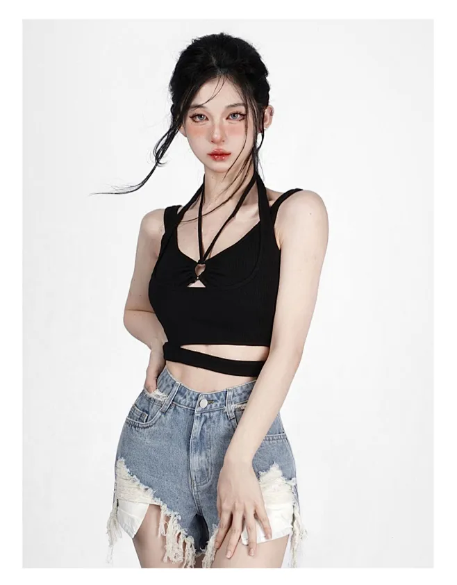 少也眼角色练习 显白绿色小众设计ins穿搭绑带挂脖吊带上衣2022-tmall.com天猫-花瓣网