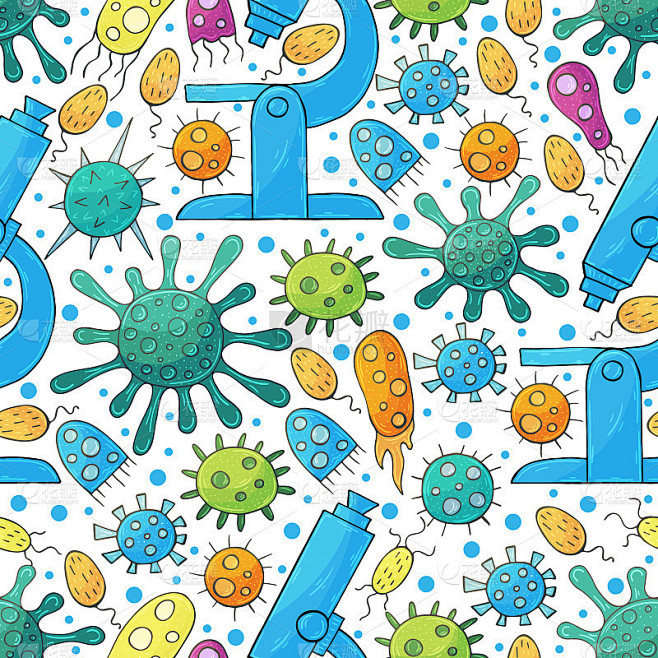 无缝模式细菌，微生物。搜索病毒显微镜卡通微生物手绘风格