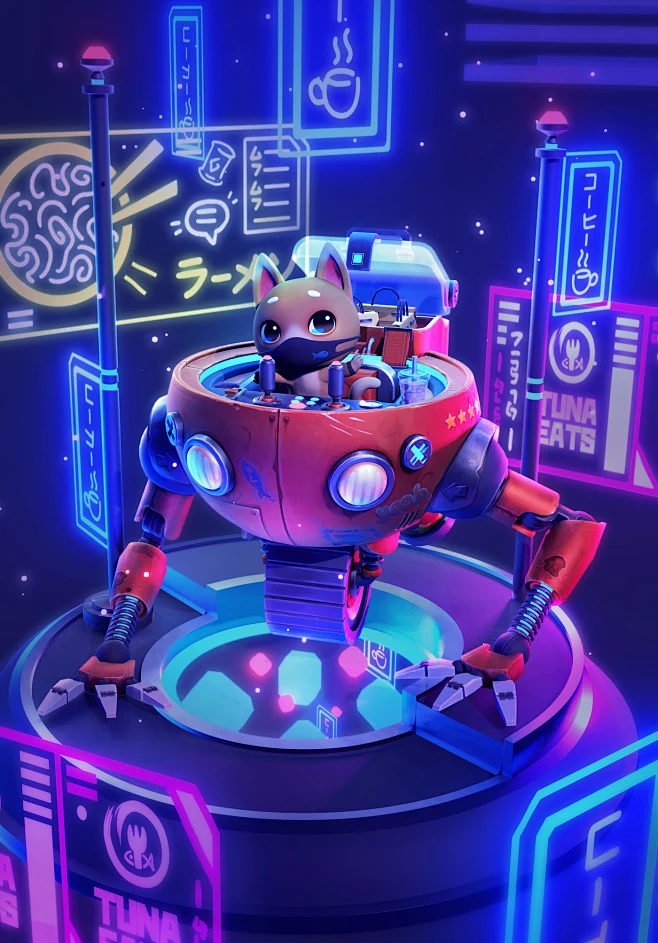 3D Cat cute Cyberpunk delivery Food futuristic mech robot Scifi-花瓣网
