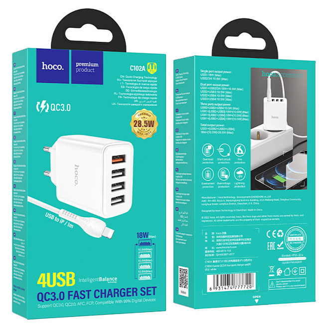 hoco-c102a-fuerza-qc3-four-port-wall-charger-eu-set-usb-to-ltn-packaging