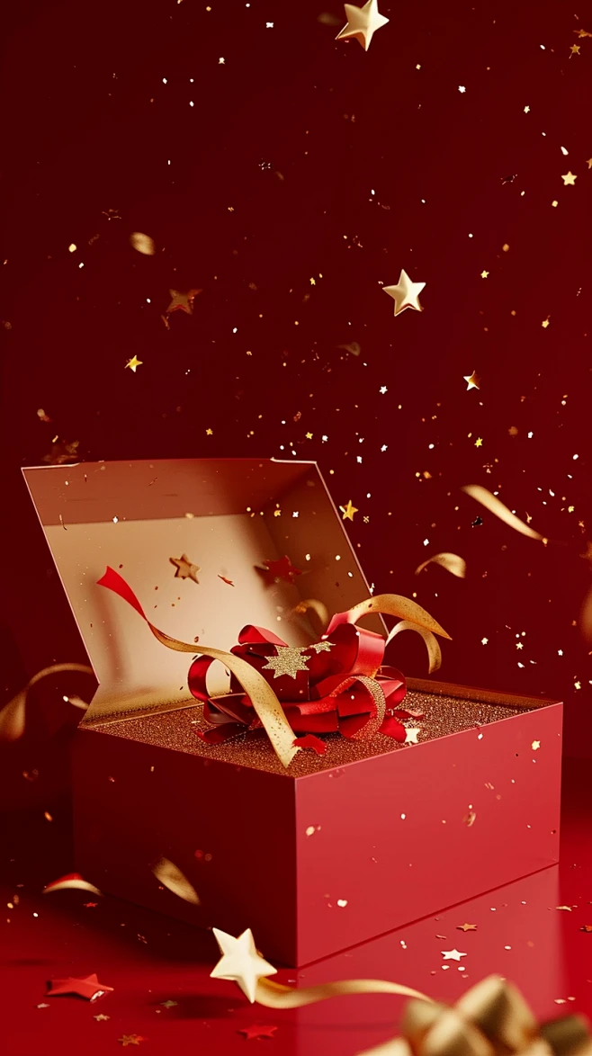 Open christmas gift box with golden ribbon and stars, in the style of ...