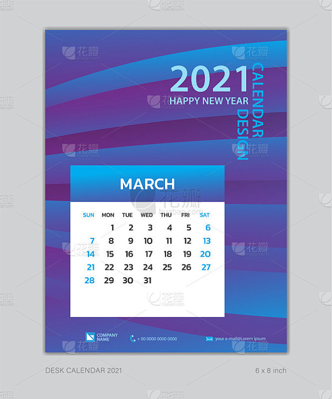 Calendar 2021 template, MARCH, Desk Calendar for 2