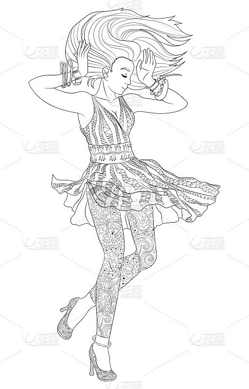 Beautifull dancing girl in a patterned dress.