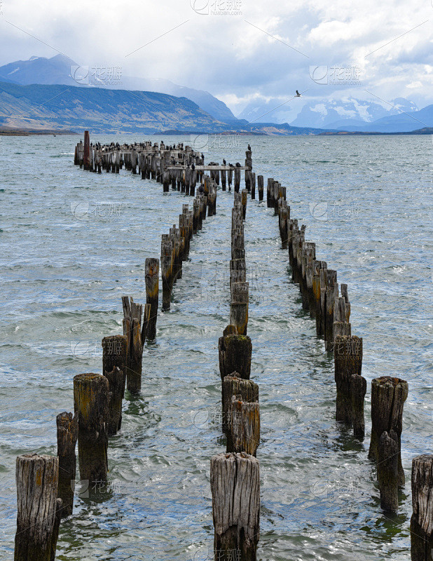 古老的,智利,麦哲伦－智利南极区,码头,巴塔哥尼亚,纳塔莱斯港,海湾,垂直画幅,水,天空