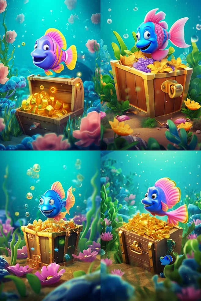 A treasure chest full of gold coins, underwater scene, corals, seaweeds ...