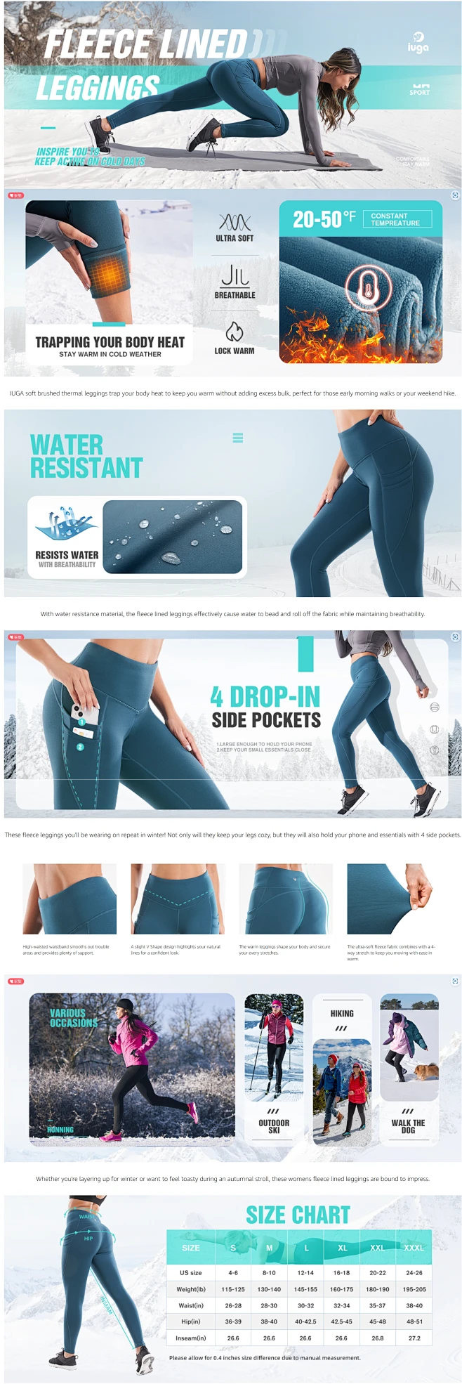 IUGA Warm Leggings for Women Winter Water Resistant Fleece Lined ...