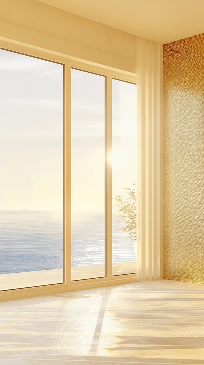 In an advanced and simple light gold corner room, on the left is a ...