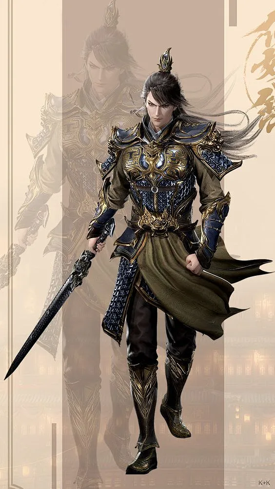 an image of a man in armor holding two swords and walking away from the ...