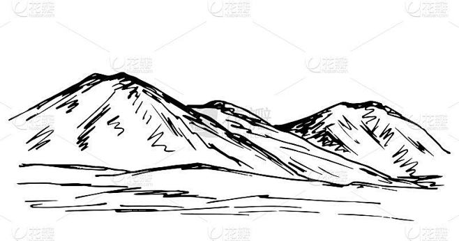 手绘简单的矢量素描在雕刻风格。全景山景，丘陵，岩石地形。地理，旅游，旅游，体育。