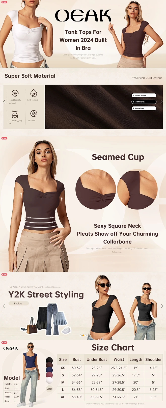 OEAK Womens Cap Sleeve Tops Built in Bra Support Tanks Double Lined ...