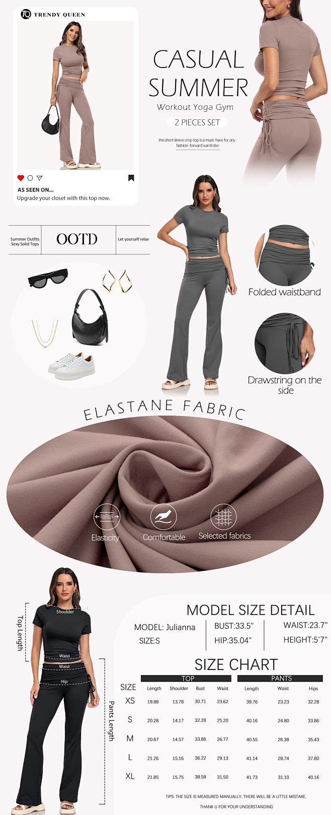 Trendy Queen 女式 2 件套休闲套装夏季 Y2k 短袖短款上衣和抽绳喇叭裤运动服