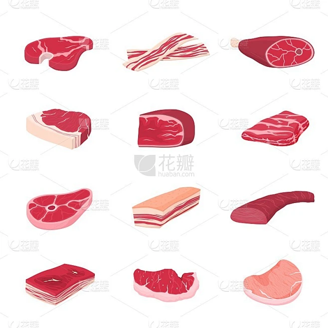 生肉集合。扁肉图标，熟食猪肉。隔离新鲜切片，牛肉鸡肉排。卡通培根或火腿最近向量集素材-花瓣网