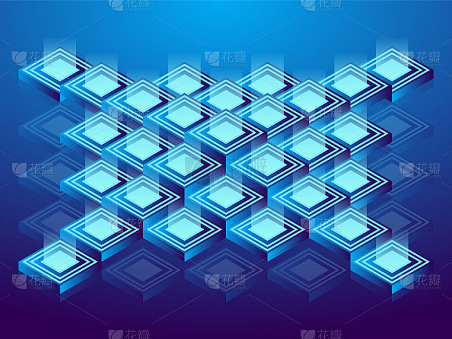 加密货币和区块链，抽象的等距3D插图。加密货币挖矿场，矢量技术背景。