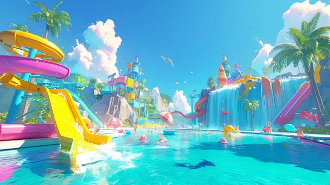 mj06661_3D_cartoon_Pixar_style_fun_water_park_scene_cute_charac ...