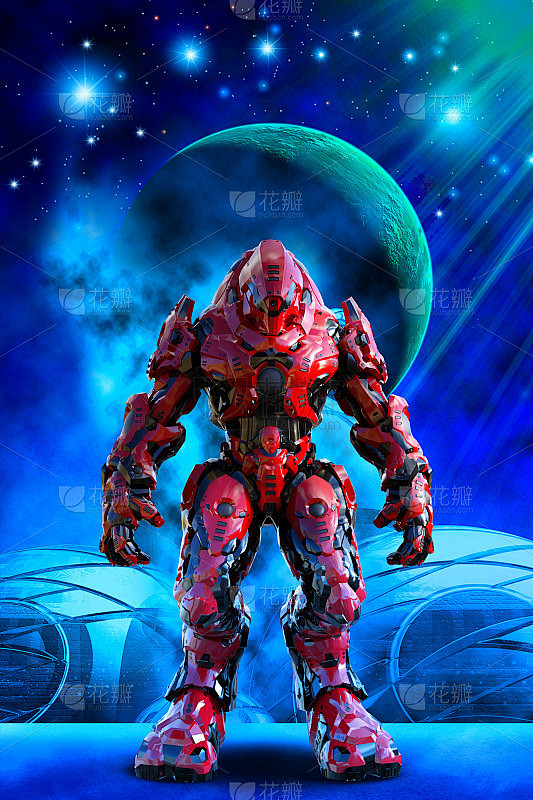 Alien robotic Warrior with Red armor, 3d illustrat