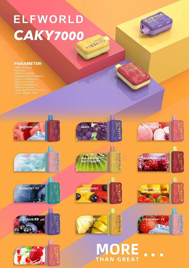ELFWORLD CAKY 7000 RECHARGEABLE DISPOSABLE VAPE POD DEVICE WHOLESALE (7000 PUFFS)