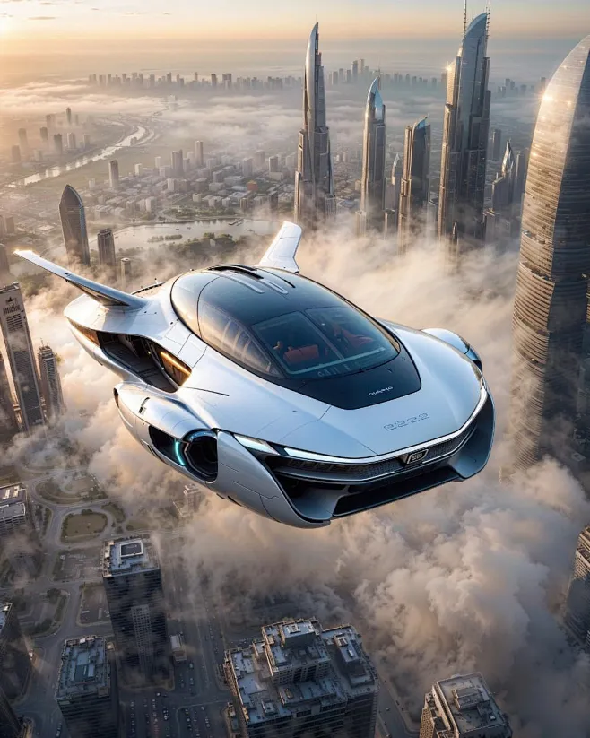 This may contain: a futuristic car flying through the air over a city ...