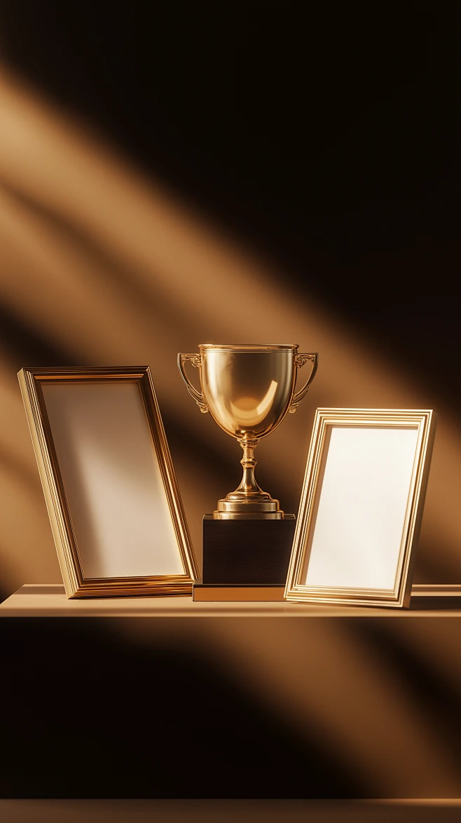 ppaoooo_A_gold_trophy_and_two_blank_photo_frames_sit_on_a_displ_2-花瓣网