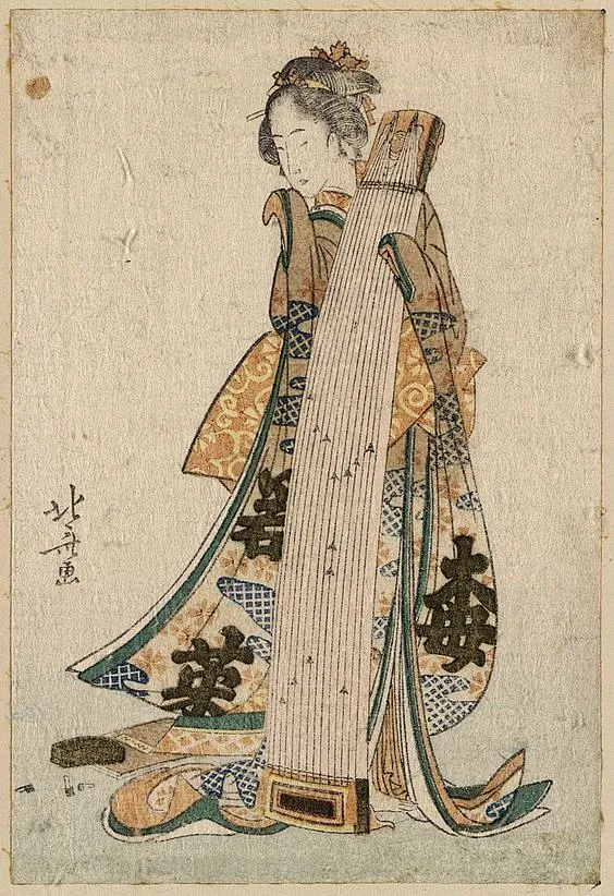 Koto o idaku musume Summary Print shows a woman standing, holding a ...