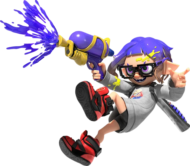 A blue Inkling in humanoid form does a sweet backward jump.-花瓣网