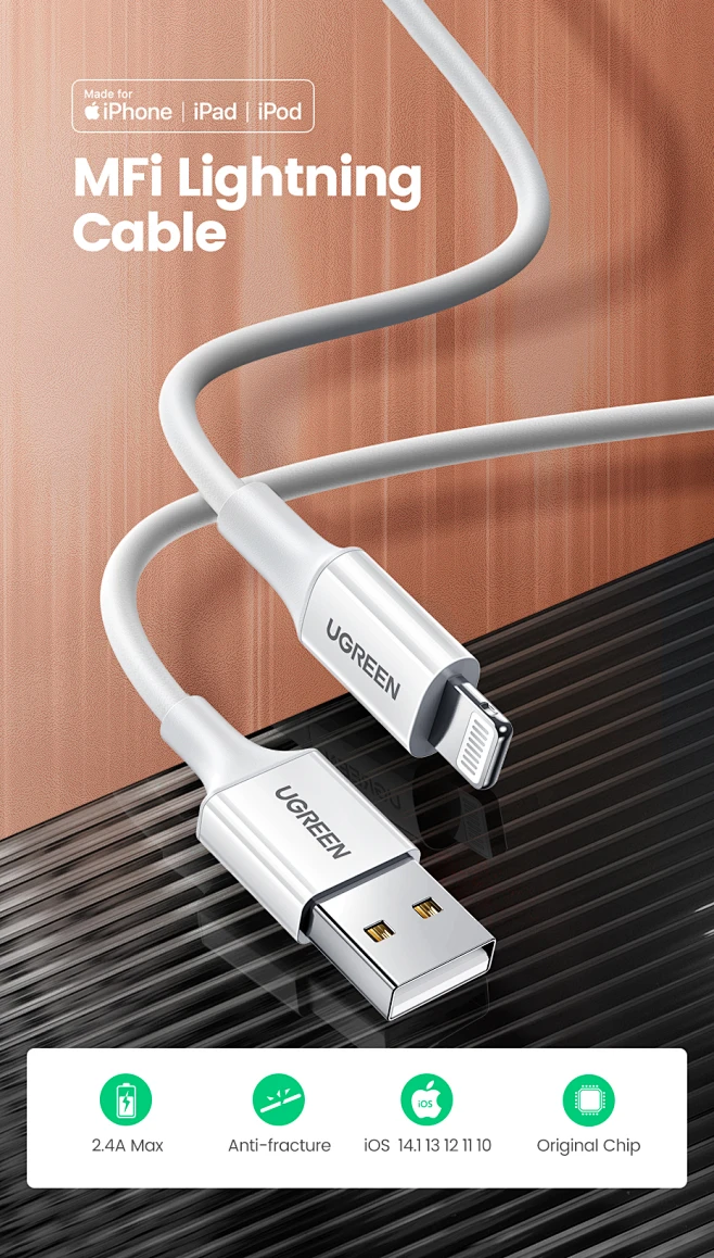 US $4.99 20% OFF|Ugreen Mfi Usb kabel Voor Iphone 12 Mini 2.4A Snel ...