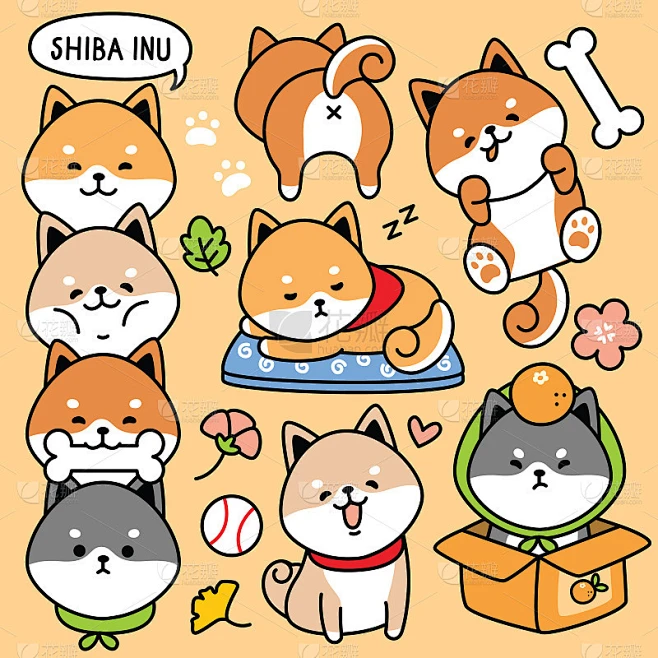 illustration vector set cartoon cute dog japan shi素材-花瓣网