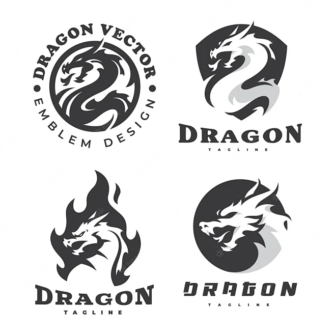 Vector dragon emblem logo set dragon head circle shield and fire or ...