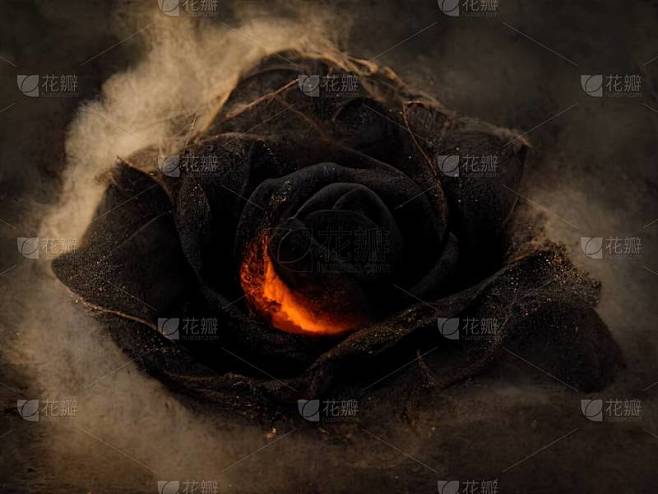 Smoldering, burning roses on fire floating on dark