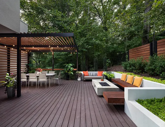 Deck - large contemporary backyard deck idea in Atlanta with a fire pit ...
