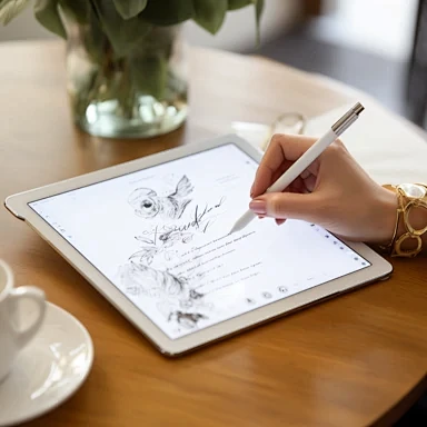 a lady hand holding a pen to write english letters on a ipad on a white ...