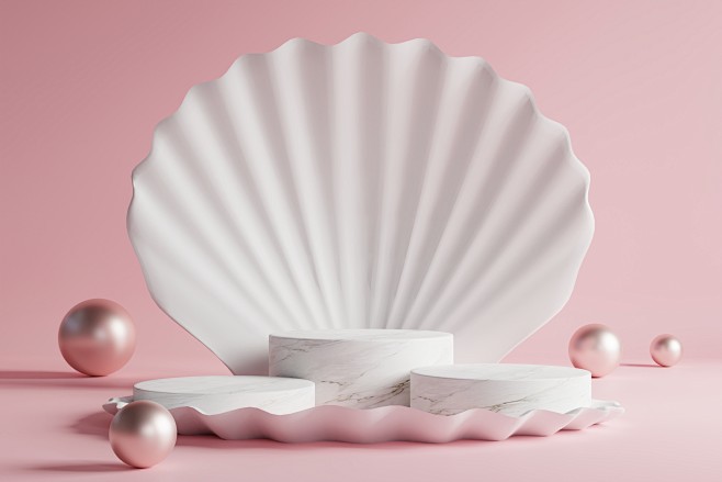 marble-podium-placed-white-shell-with-beautiful-pink-background