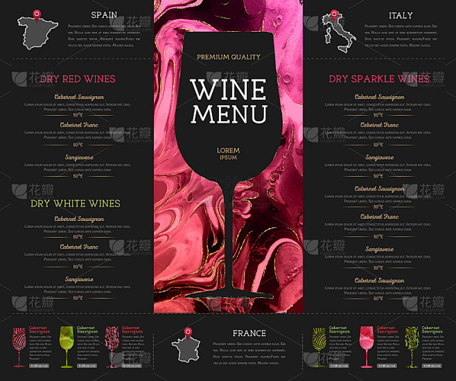 Wine menu design with alcohol ink texture. Marble