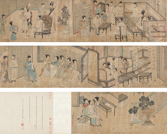 仇英——款《仿韩熙载夜宴图》【文徵明后跋】人物场景 手卷欣赏 | 明|仇英(约1498-1552)字实父，号十洲，吴门四家之一。擅人物仕女，工 ...