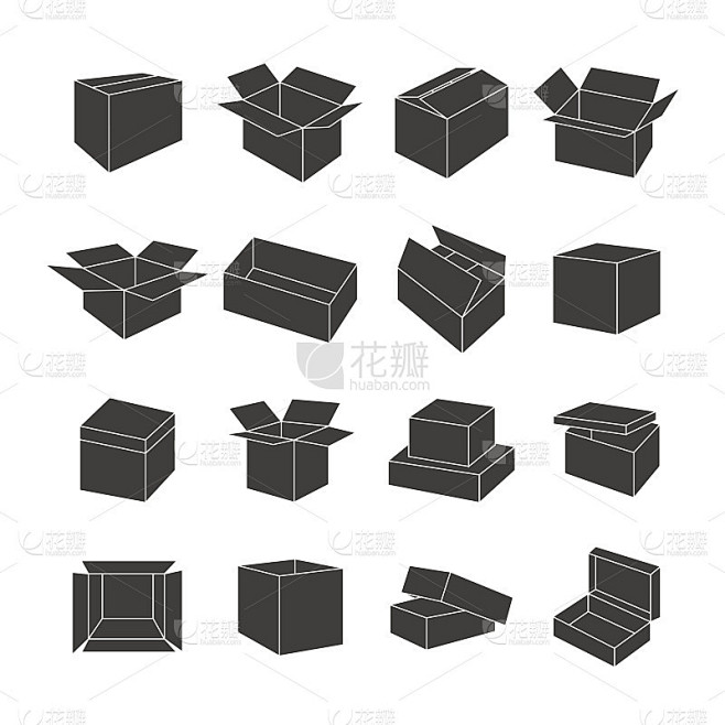 一组图标的盒子，矢量插图。