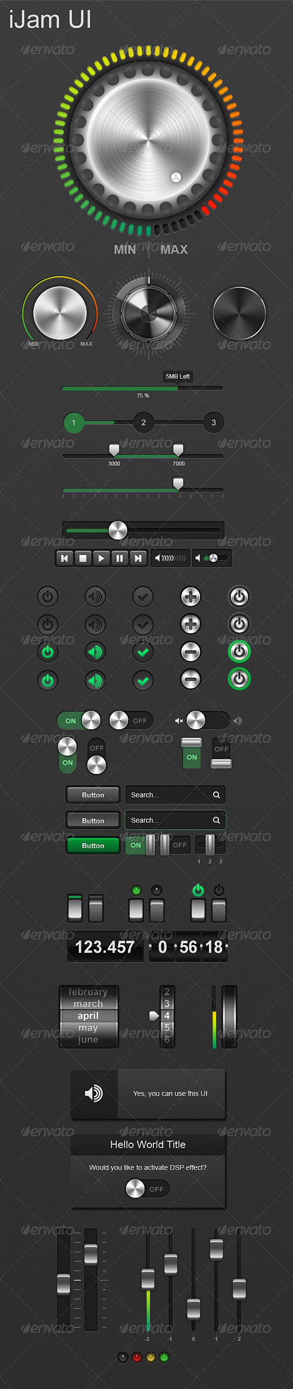 iJAM UI(用户界面网页元素iJAM UI - User Interfaces Web Elements按钮,对话框窗口,显示、灰色、灰色、输入字段,界面,水平指标,金属,玩家控制,进度条 ...