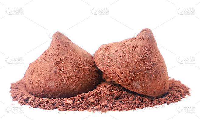 Truffle sweets with cocoa powder on a white backgr