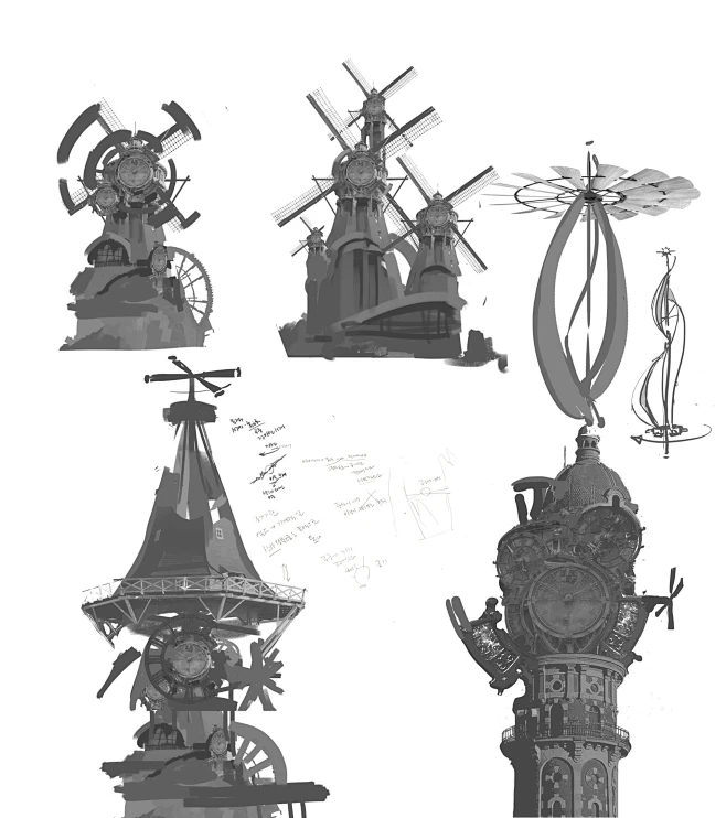 steampunk style windmill concept sketch (2017.04), K M-花瓣网